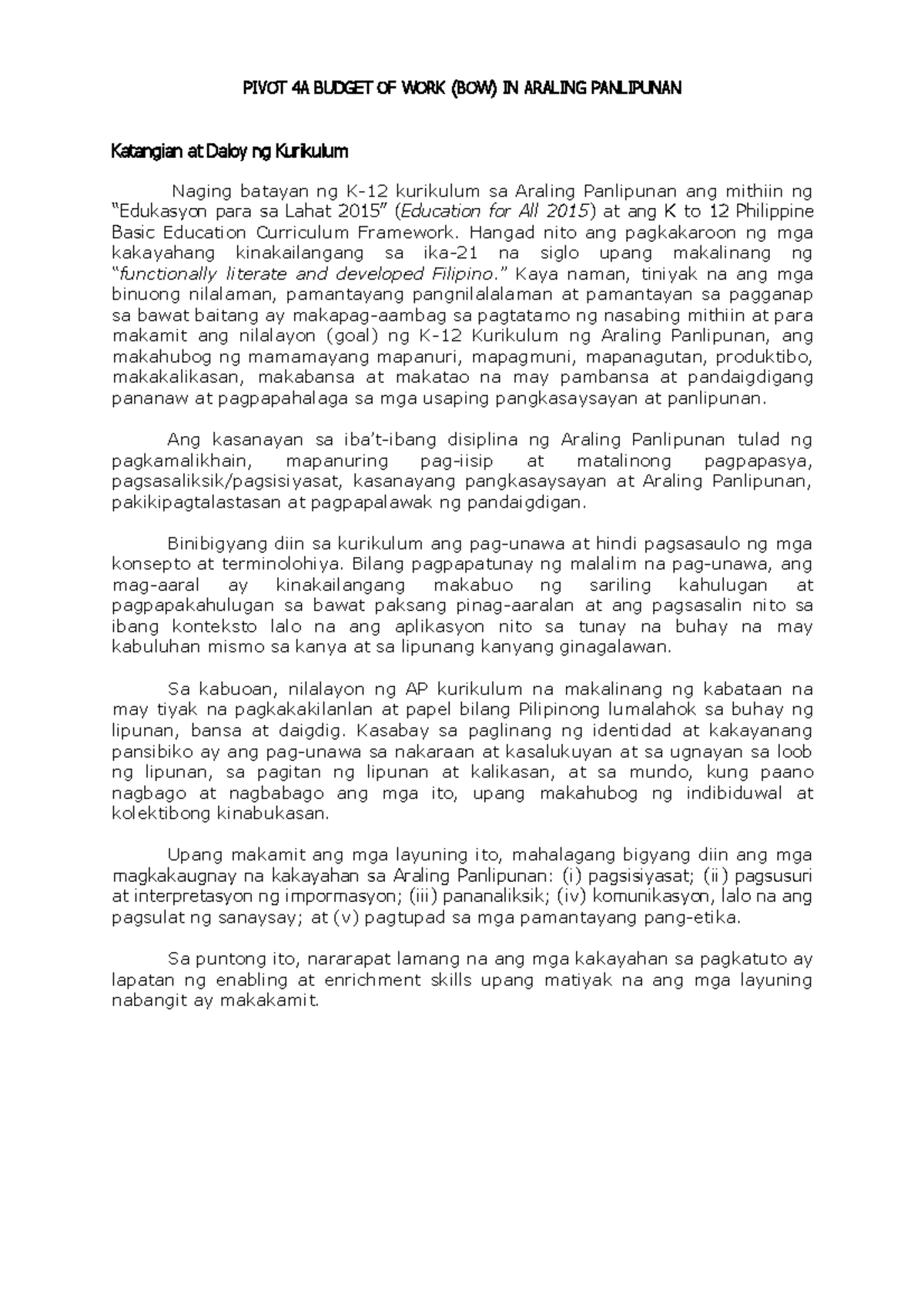 BOW in AP - Sample budget of work in teaching araling panlipunan grade7 ...