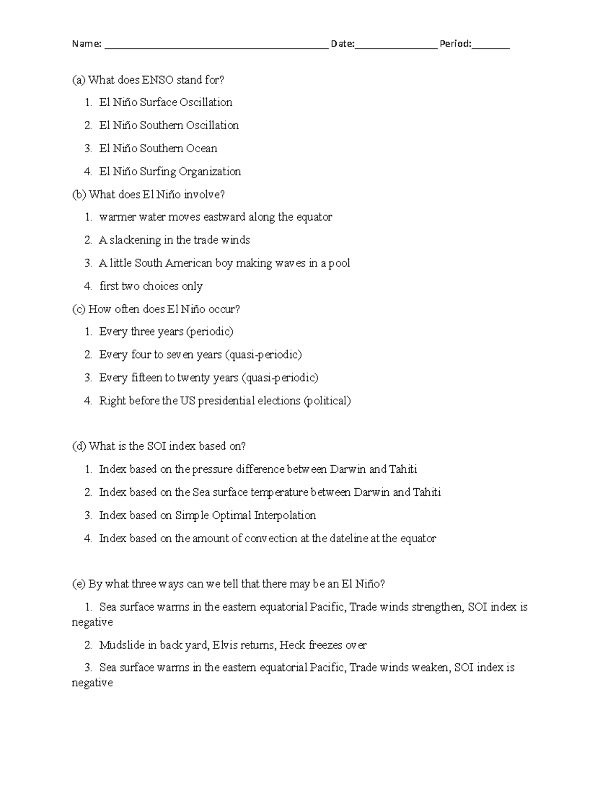 El nino La Nina Quiz - Quick quizz - Name ...
