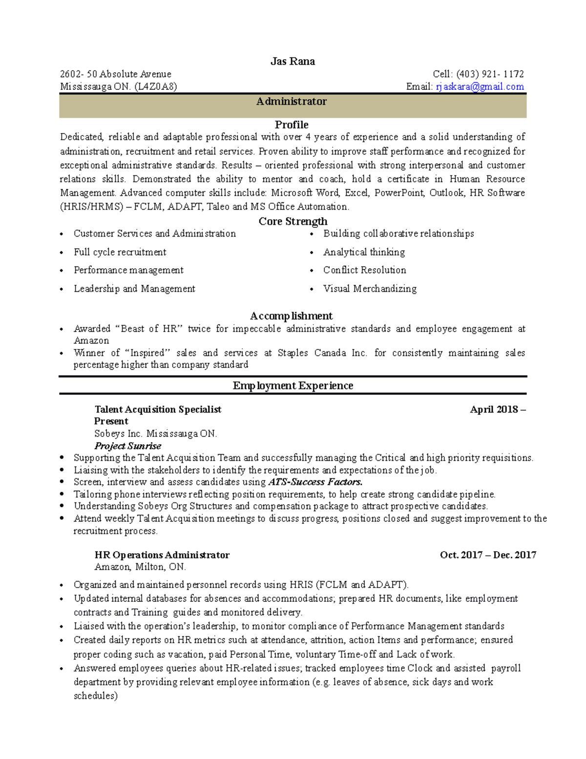 Jas Rana resume - Lecture notes 3 - Jas Rana 2602- 50 Absolute Avenue ...