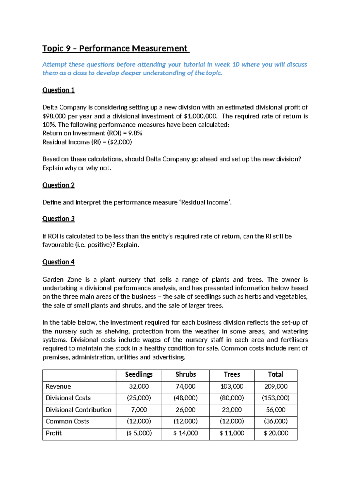 Topic 9 Tutorial Exercises - Topic 9 – Performance Measurement Attempt these questions before ...