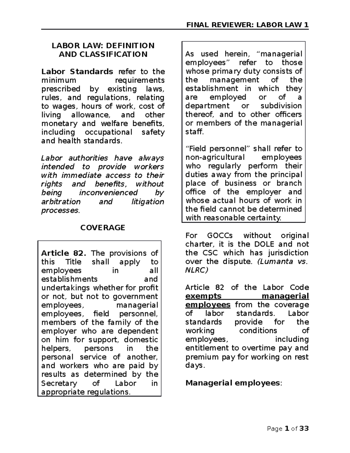 Labor Law 1 - Full Reviewer - LABOR LAW: DEFINITION AND CLASSIFICATION ...