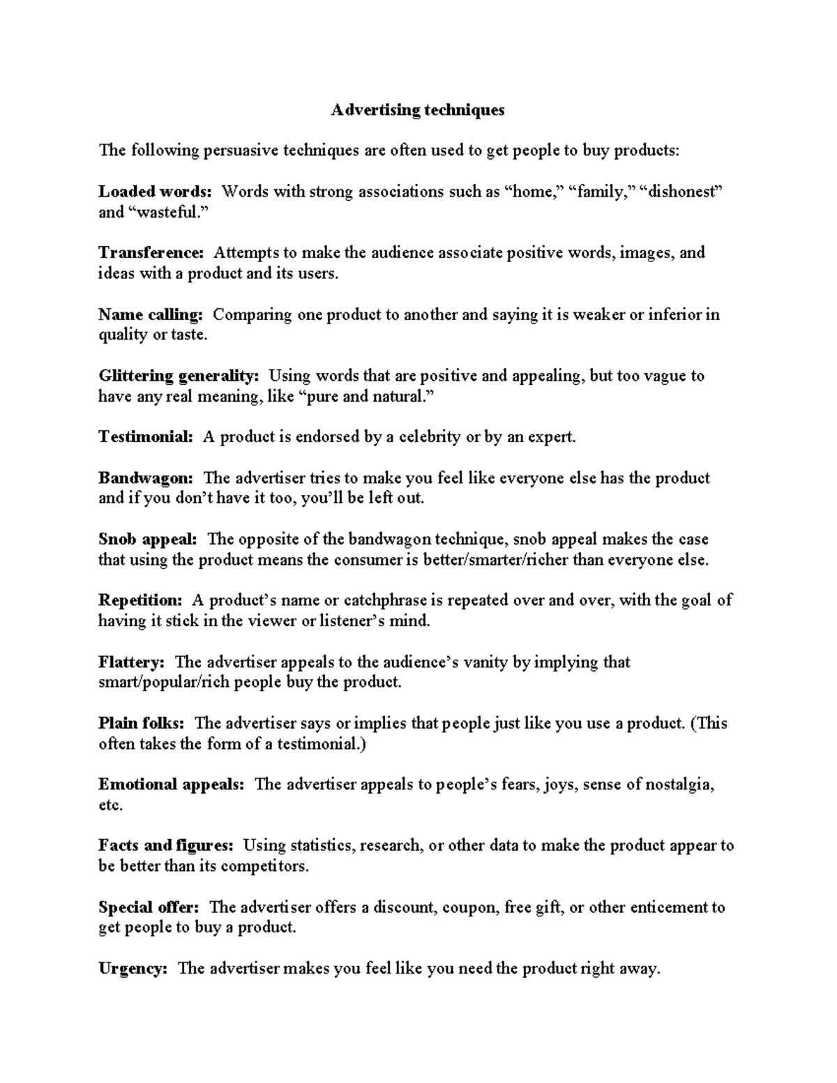 Advertisingtechniques - Advertising techniques The following persuasive ...