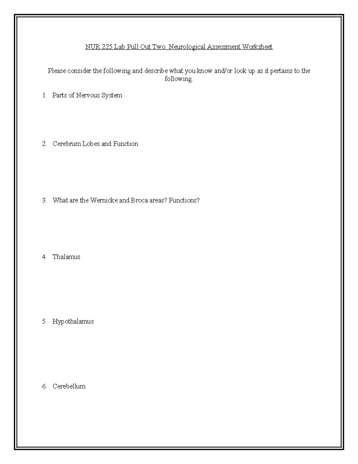 Lab Two Pull Out Neurological Assessment - NUR 225 Lab Pull Out Two ...