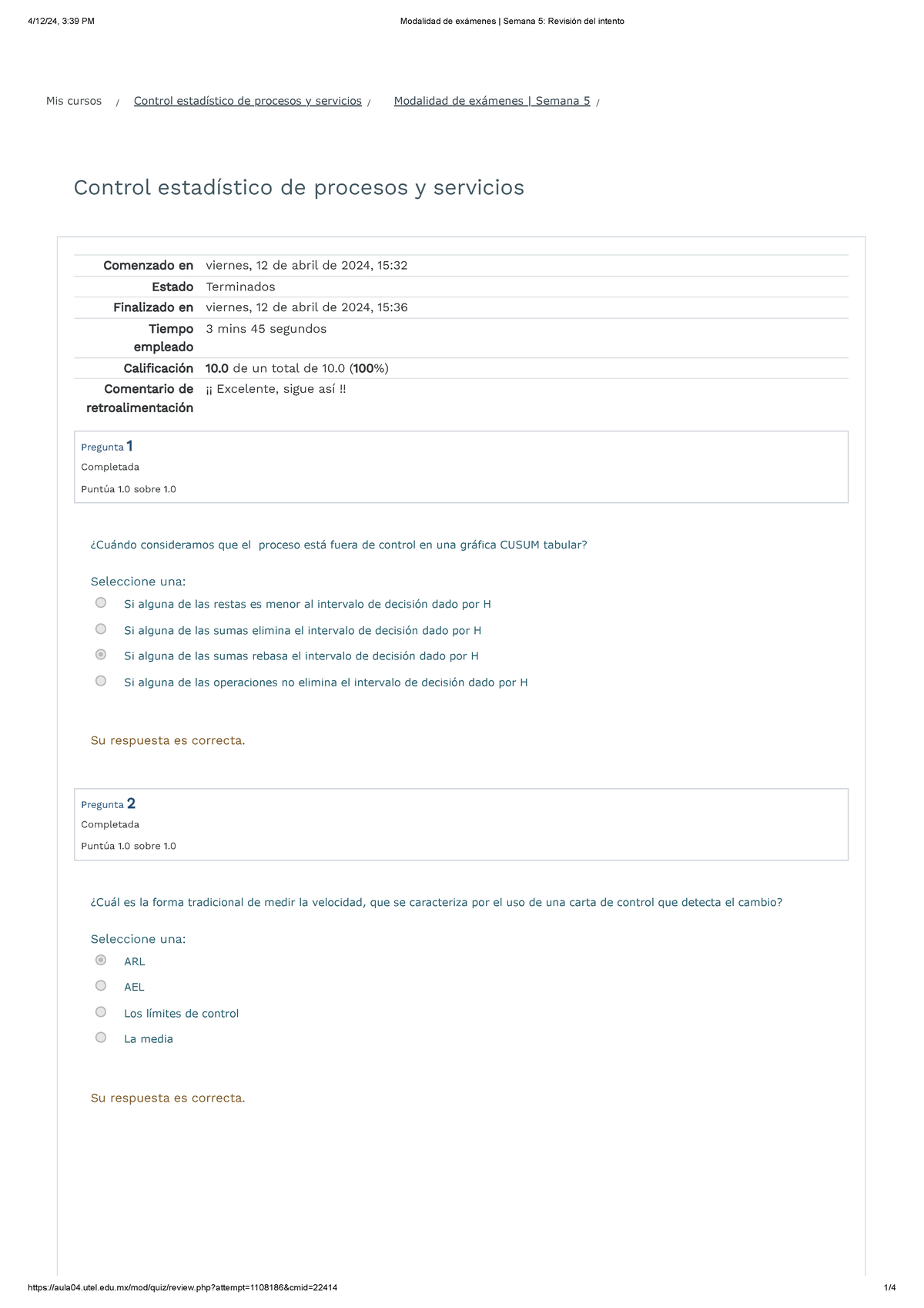 Modalidad de exámenes Semana 5 Revisión del intento Control estadístico de procesos y servicios ...
