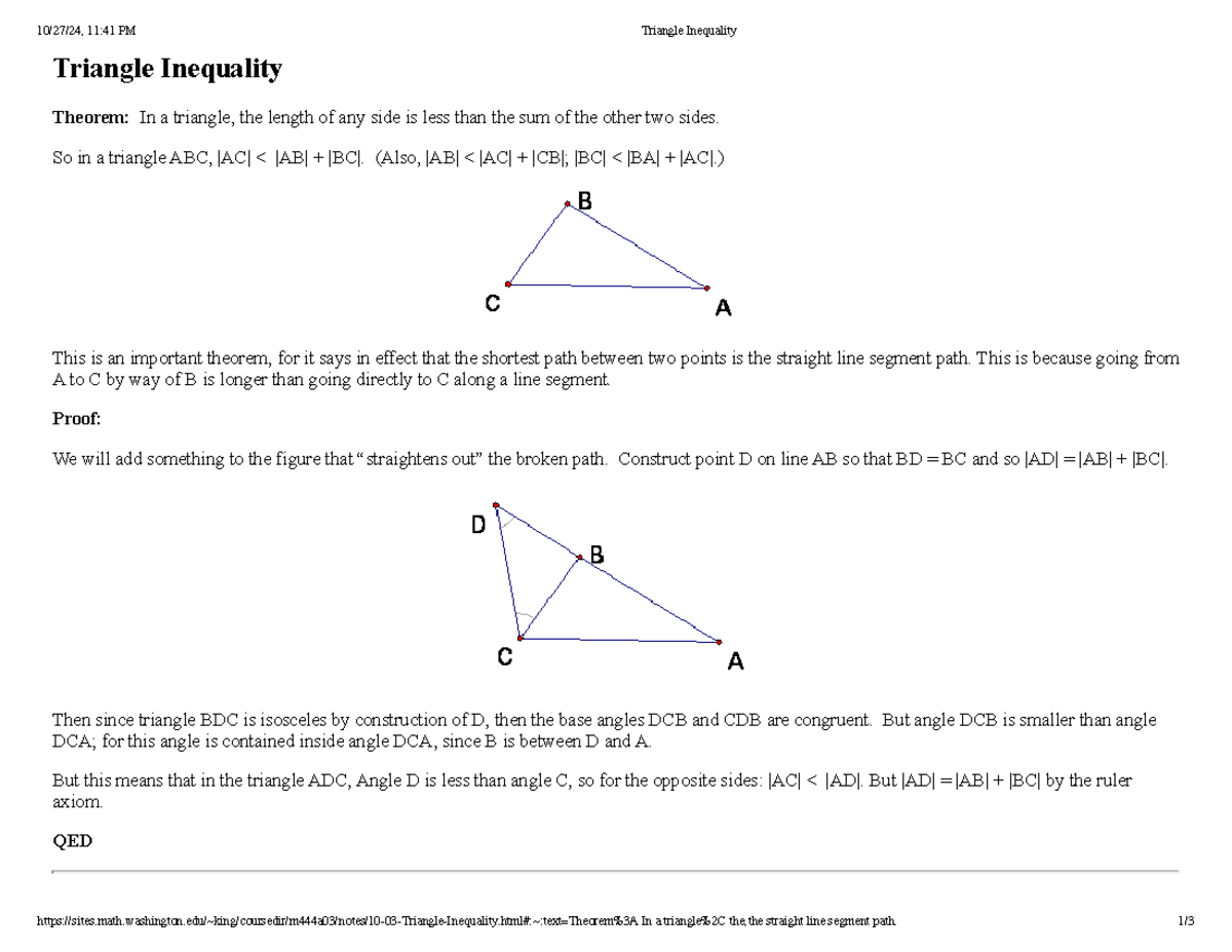 4.3 Triangle Inequality notes - Triangle Inequality Theorem: In a ...