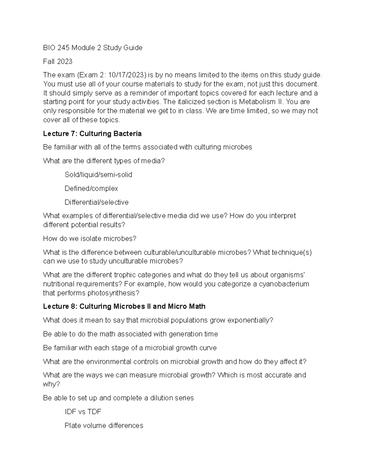 Updated Study Guide - BIO 245 Module 2 Study Guide Fall 2023 The exam ...