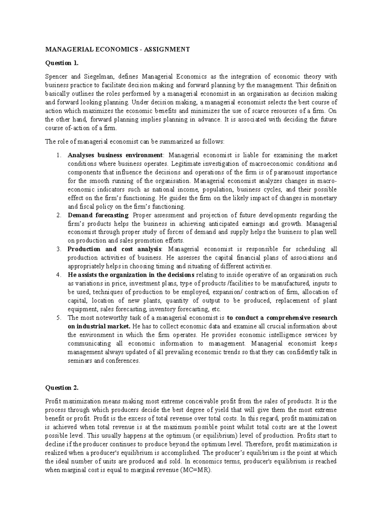 Assignment 2 OF Managerial Economics - MANAGERIAL ECONOMICS ...