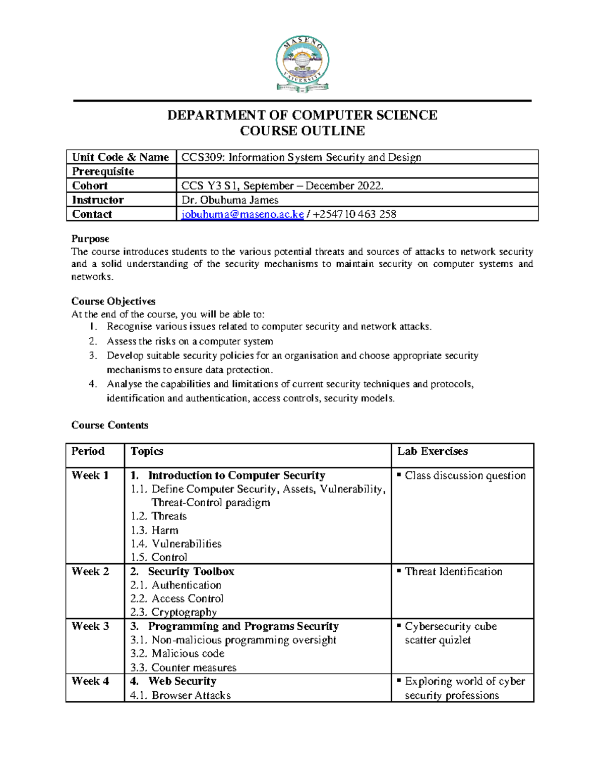 1664711474065 0. CCS309 Course Outline - DEPARTMENT OF COMPUTER SCIENCE ...
