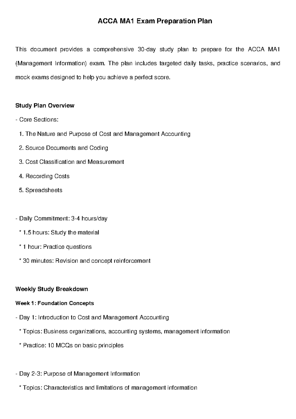 ACCA MA1 Study Plan - ACCA - ACCA MA1 Exam Preparation Plan This ...