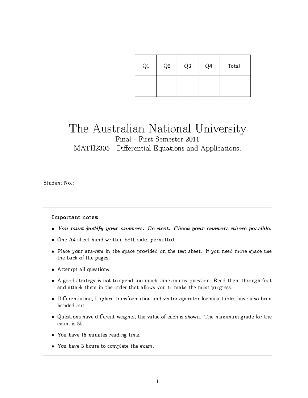 Finalexam 11 - Final Exam for the 2011 exam for MATH2305 - Q1 Q2 Q3 Q4 ...