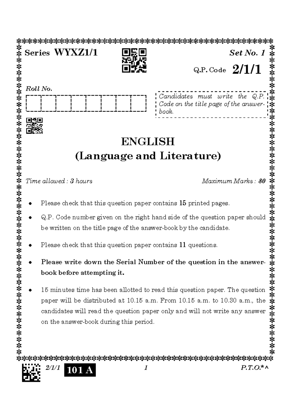 Eng 2023 - 2/1/1 1 P.T.*^ Series WYXZ1/1 Set No. 1 Roll No. ENGLISH ...