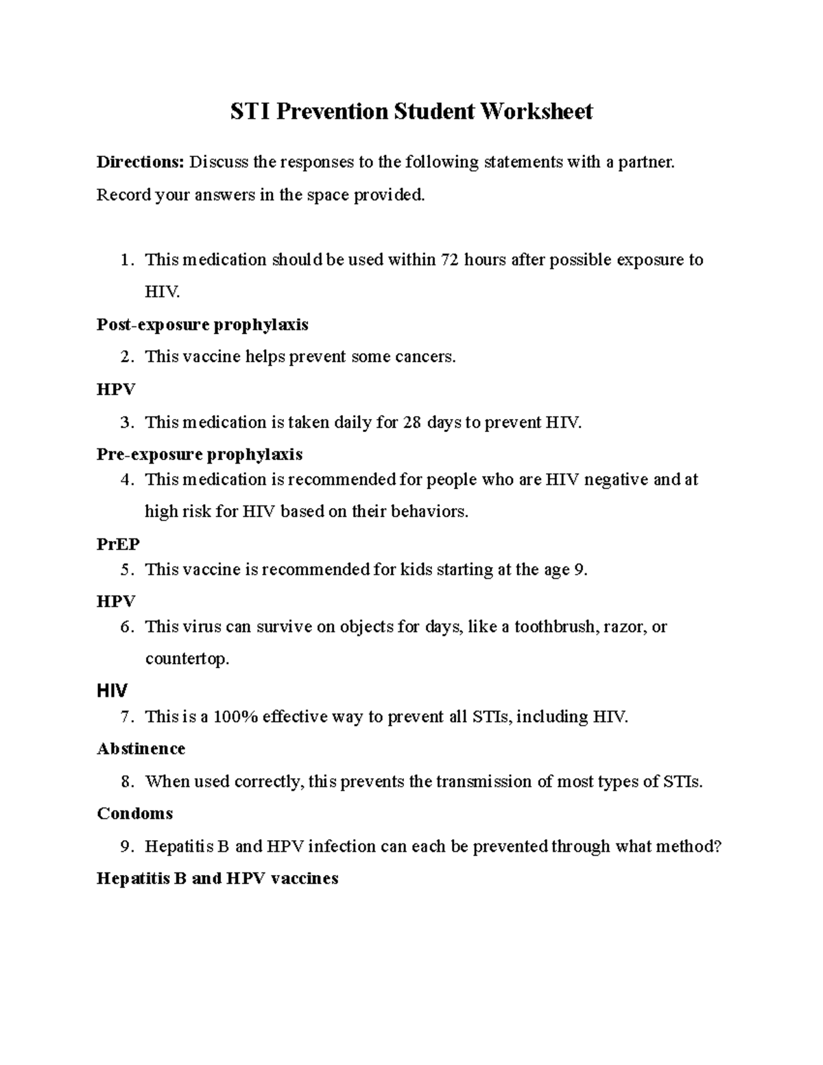 Copy of STI Prevention Worksheet - STI Prevention Student Worksheet ...