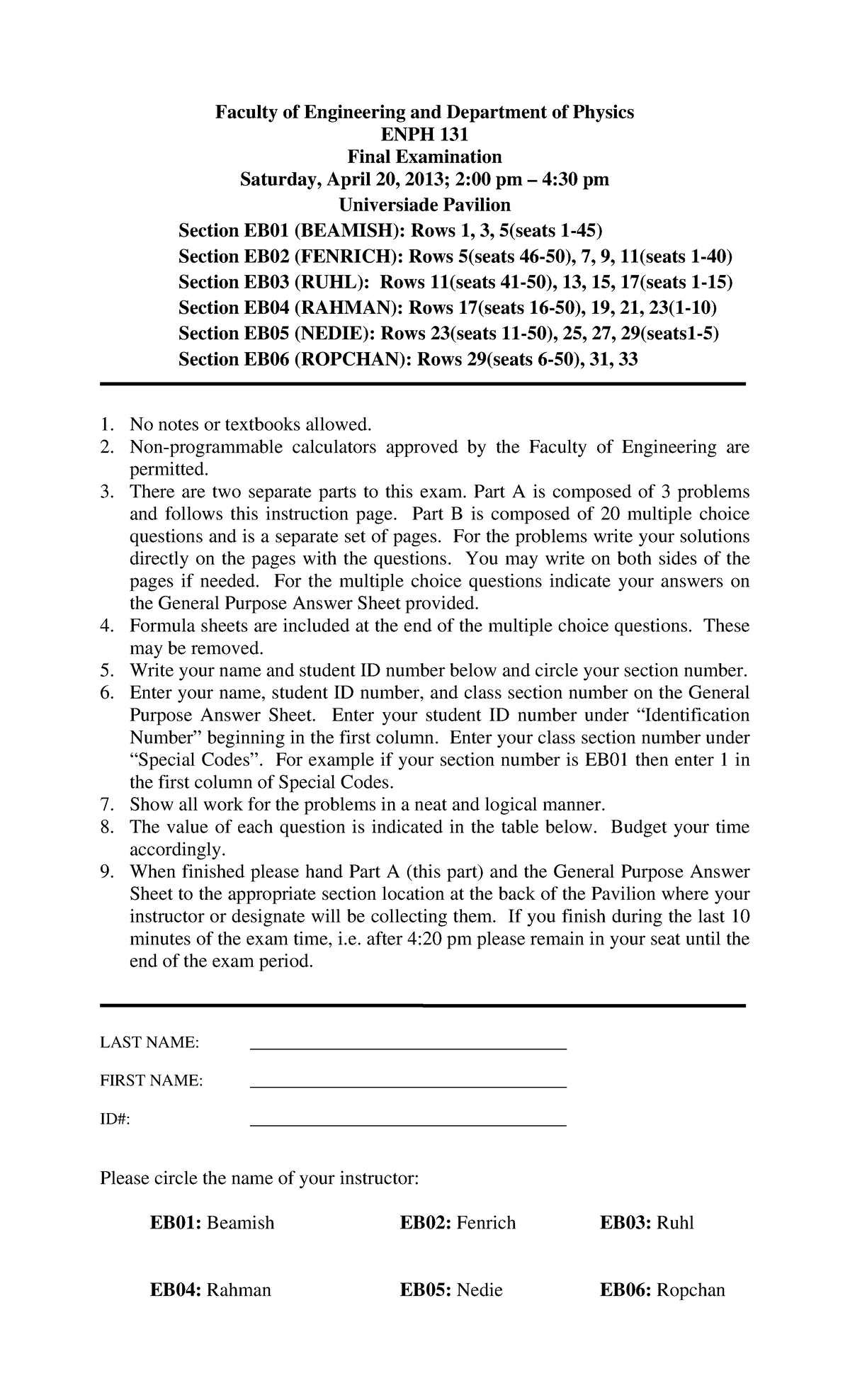 ENPH 131 Winter 2013 final exam - Faculty of Engineering and Department ...