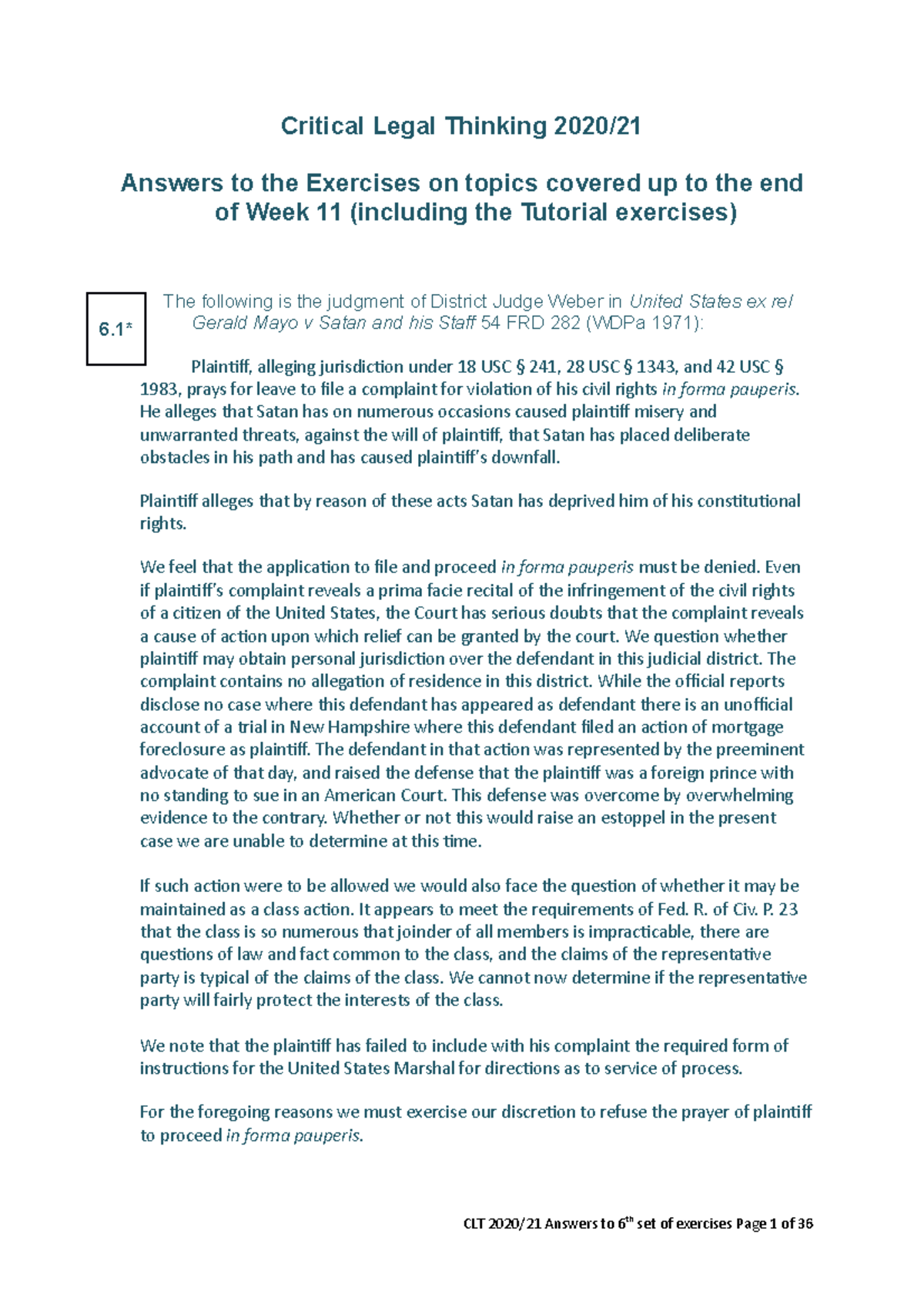 CLT week 11 tutorial answers - Critical Legal Thinking 2020/ Answers to ...
