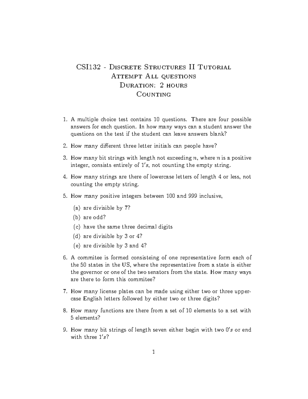 Csi132 Tutorial 6 Counting Csi132 Discrete Structures Ii Tutorial Attempt All Questions