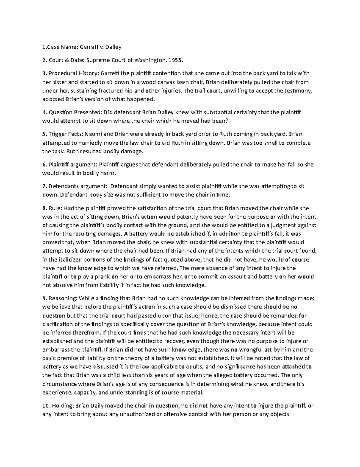 Brief of Garratt v Dailey - 1 Name: Garratt v. Dailey Court & Date ...