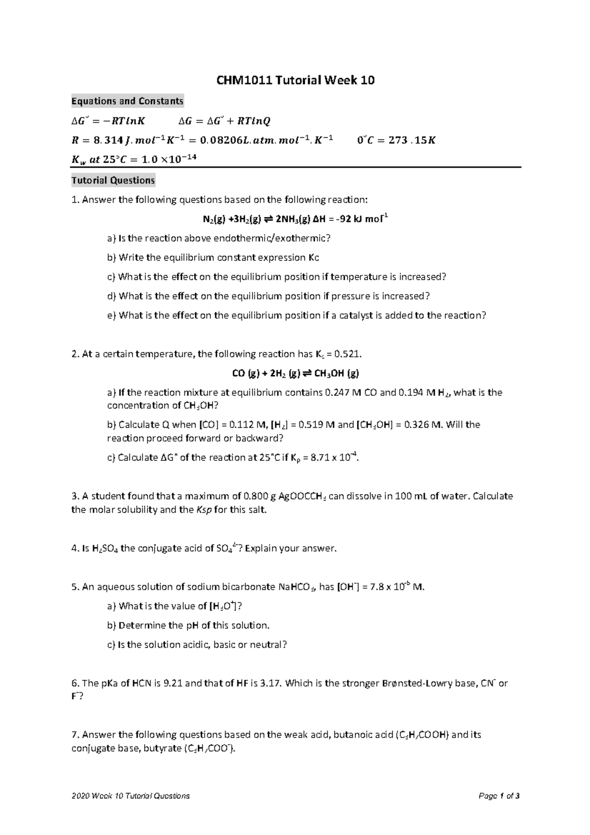 CHM1011 2020 W10 tutorial - 2020 Week 10 Tutorial Questions Page 1 of 3 CHM1011 Tutorial Week 10 ...