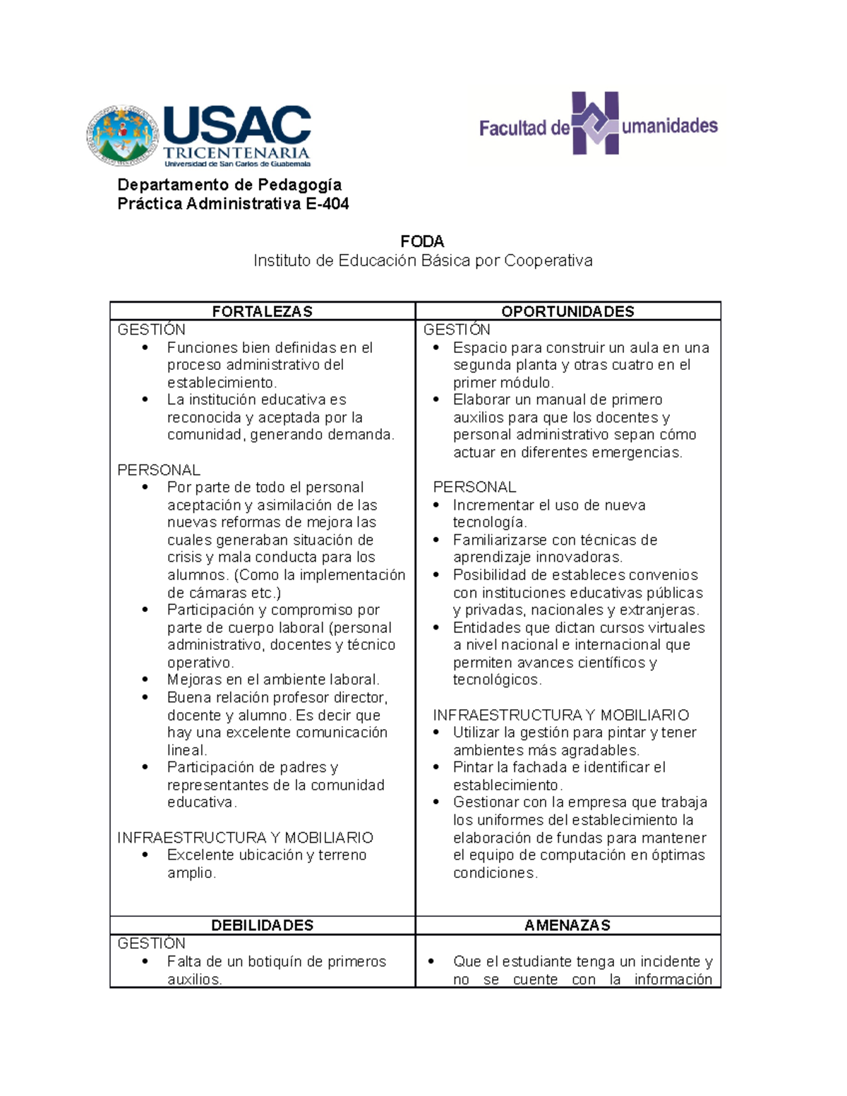 FODA - MatriZ FODA - Departamento de Pedagogía Práctica Administrativa ...