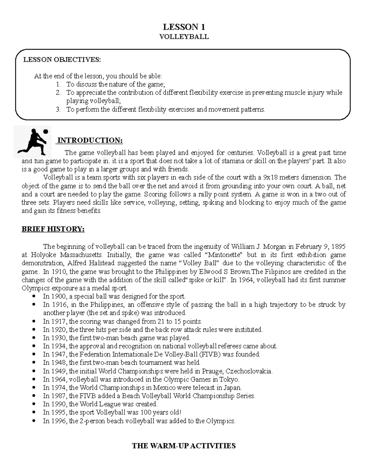 9qrk0th5x Volleyball Module - LESSON 1 VOLLEYBALL The game volleyball ...