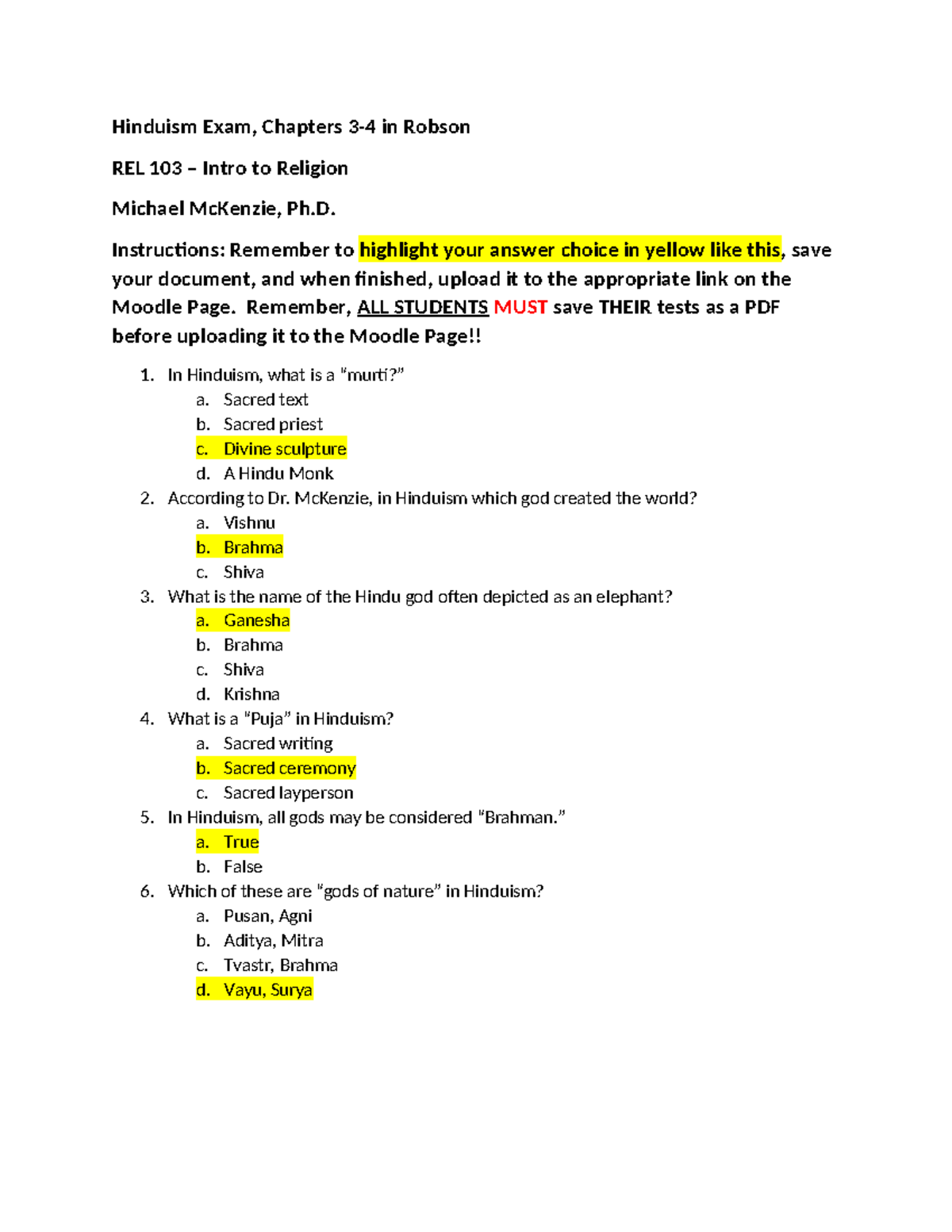 Hinduism Exam - Instructions: Remember to highlight your answer choice ...