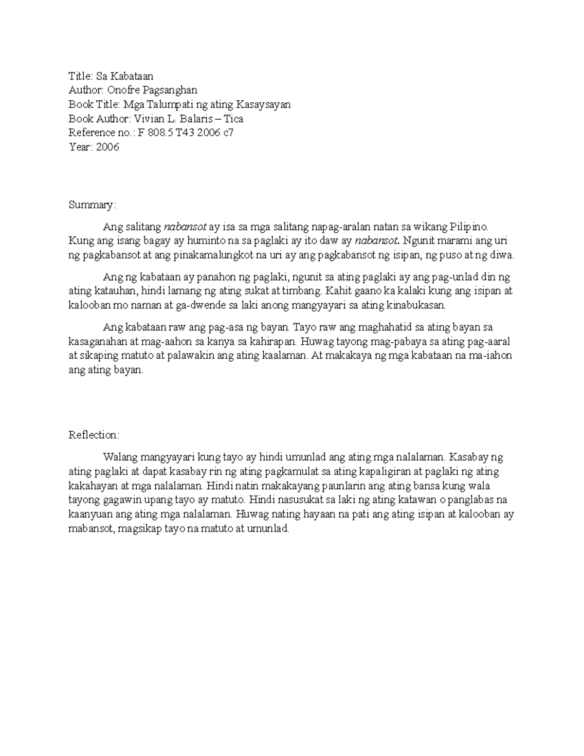 Reflection paper 1 - Grade: 1 - Title: Sa Kabataan Author: Onofre ...