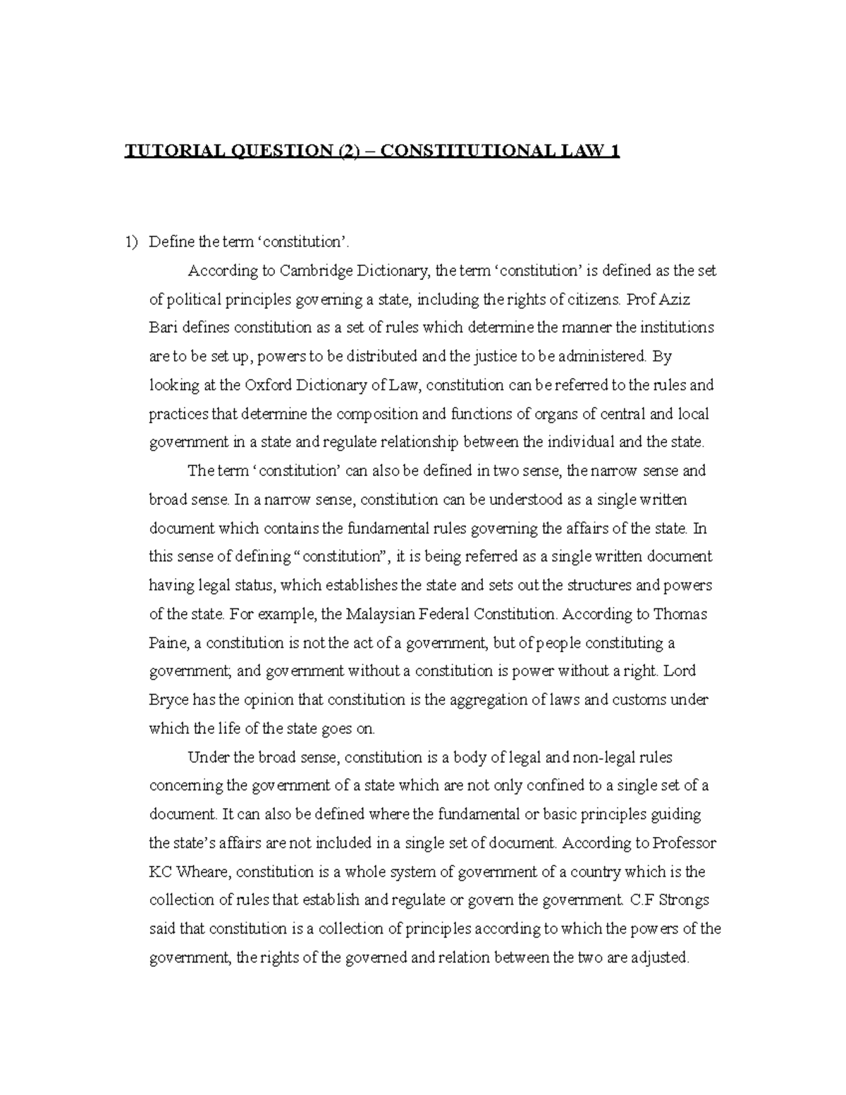 Tutorial Question Constitutional Law 1 Tutorial Question 2 Constitutional Law 1 Define The