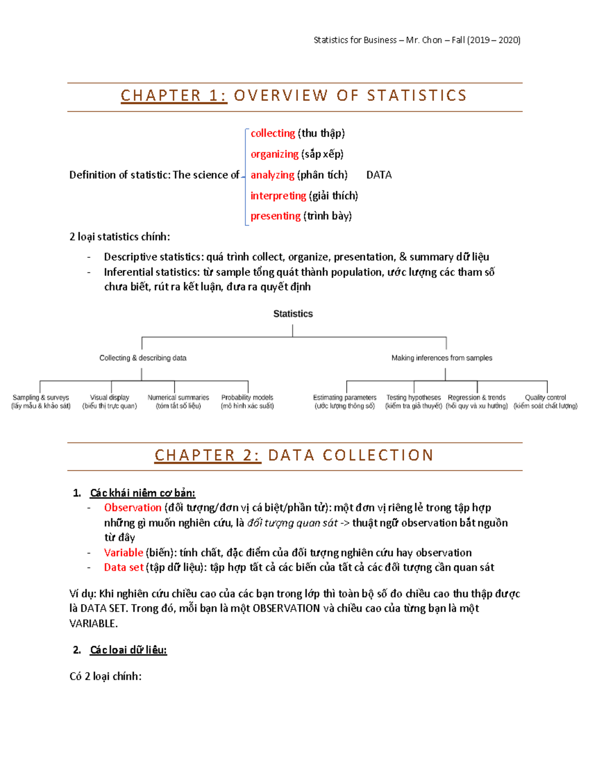 Review midterm - C H A P T E R 1 : O V E R V I E W O F S T A T I S T I C S collecting (thu thập ...