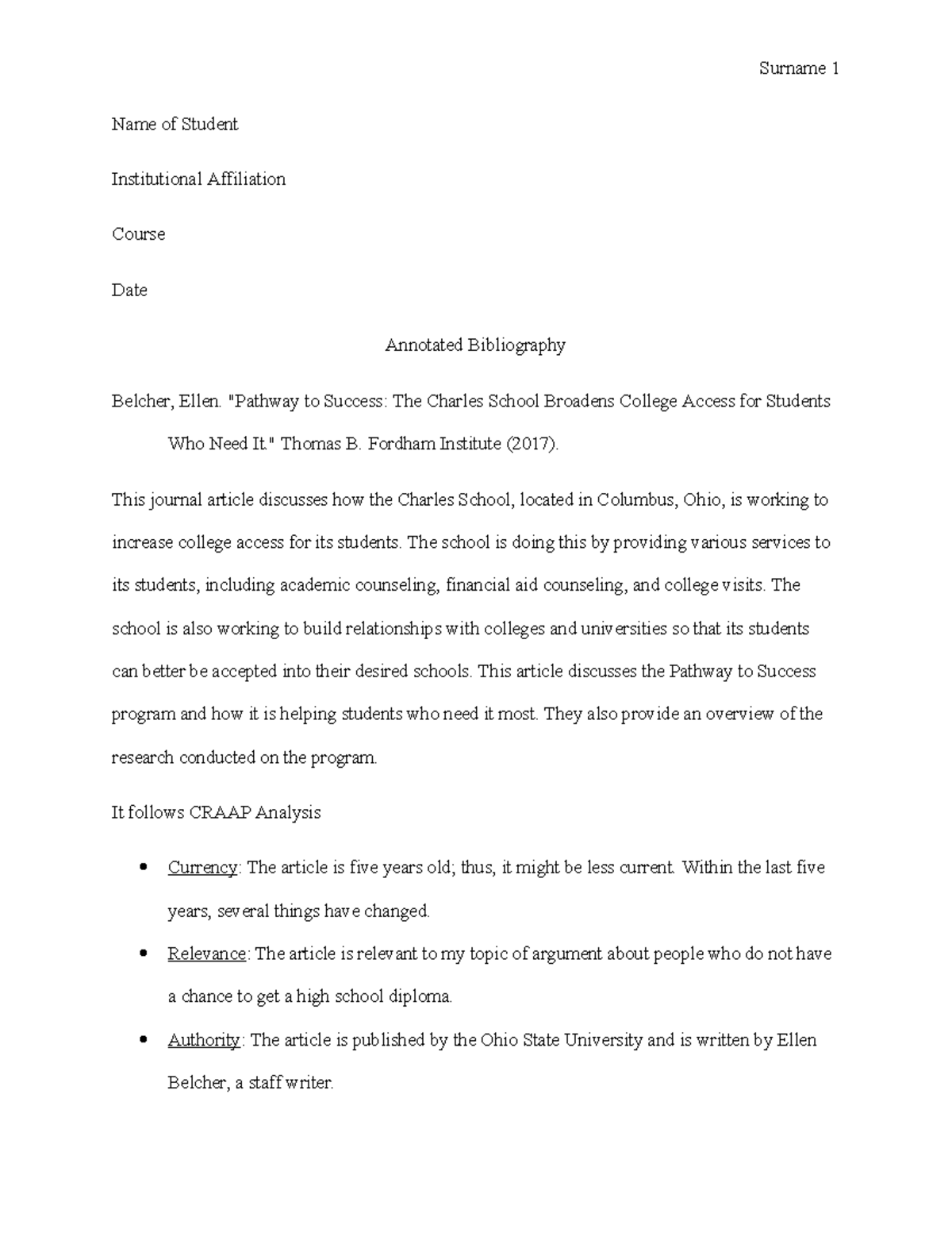 Annotated bibliography - Name of Student Institutional Affiliation ...