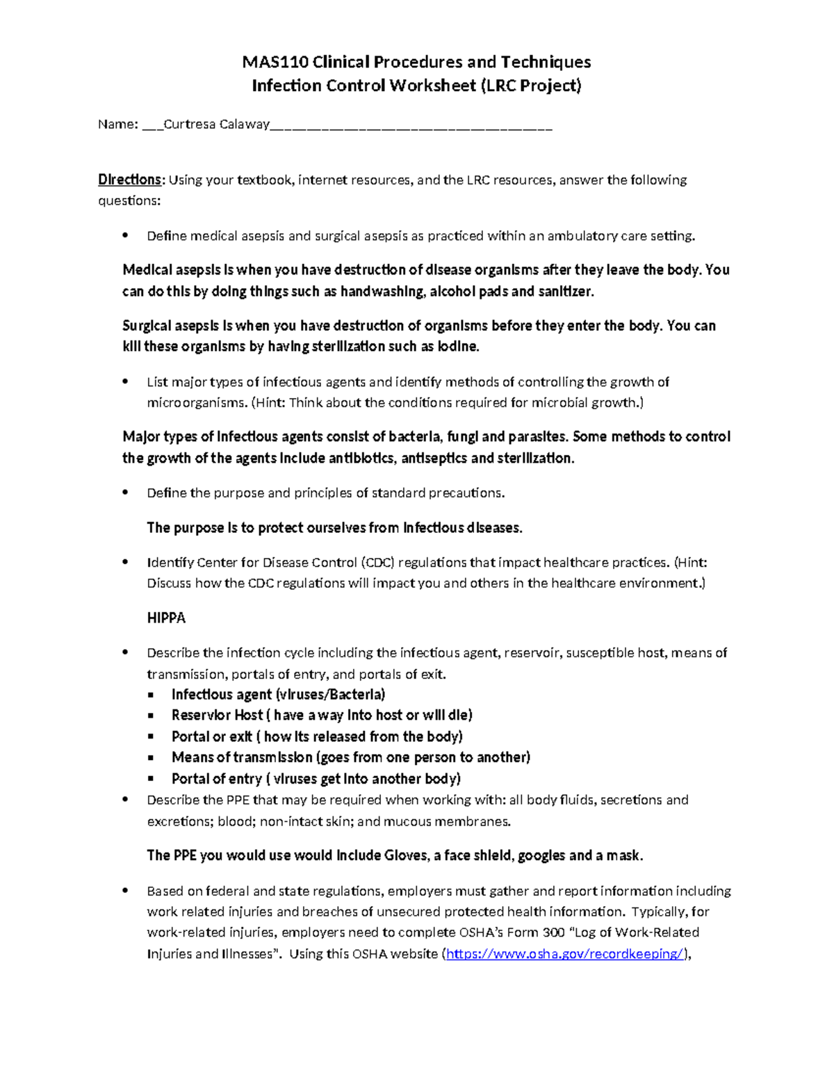 MAS110 Week 1 Infection Control Worksheet-1 - MAS110 Clinical ...