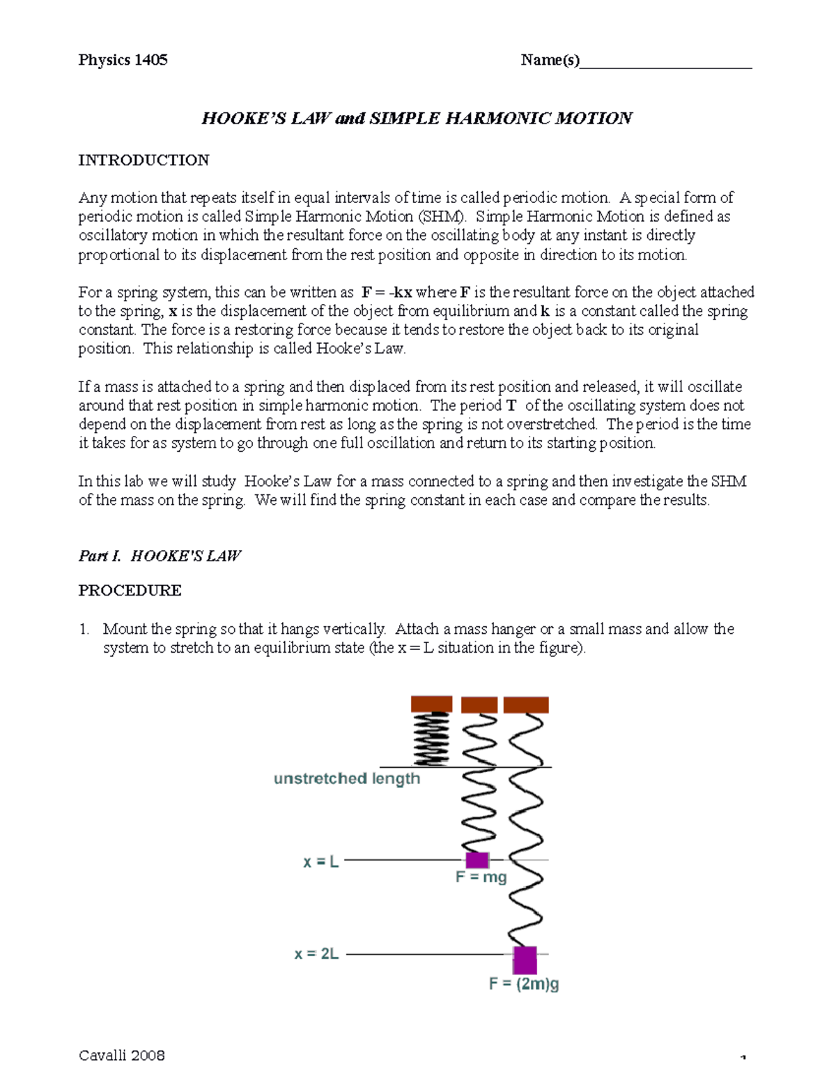 Hooke's Law and Simple Harmonic Motion - Physics 1405 Name(s ...