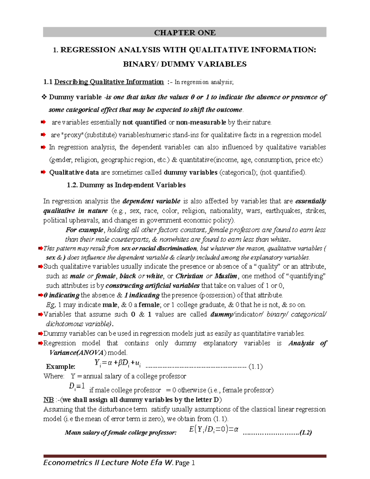 Econometrics II handout for students - CHAPTER ONE REGRESSION ANALYSIS WITH QUALITATIVE ...