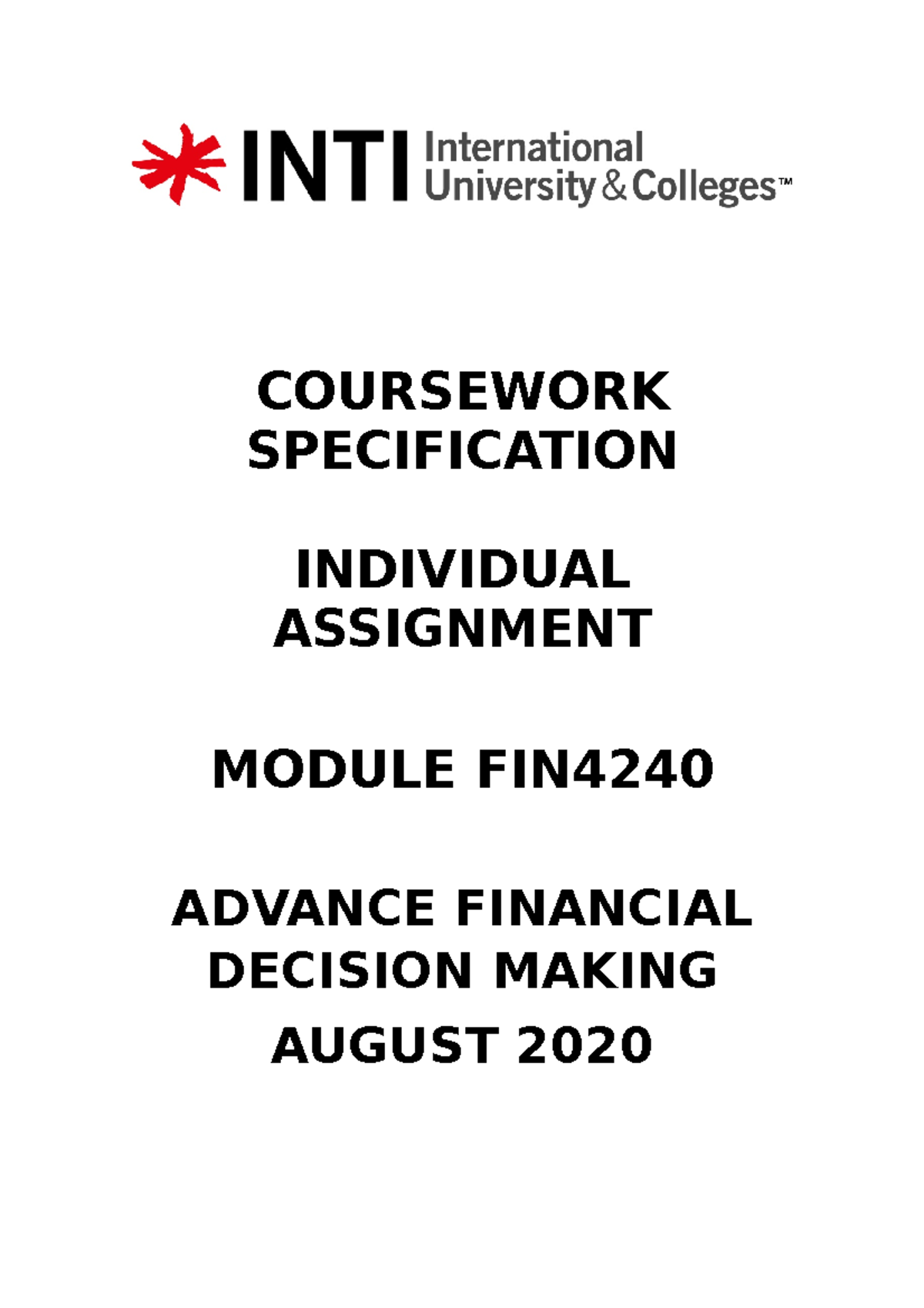 FIN 4240-Individual assignment(Q) - COURSEWORK SPECIFICATION INDIVIDUAL ...