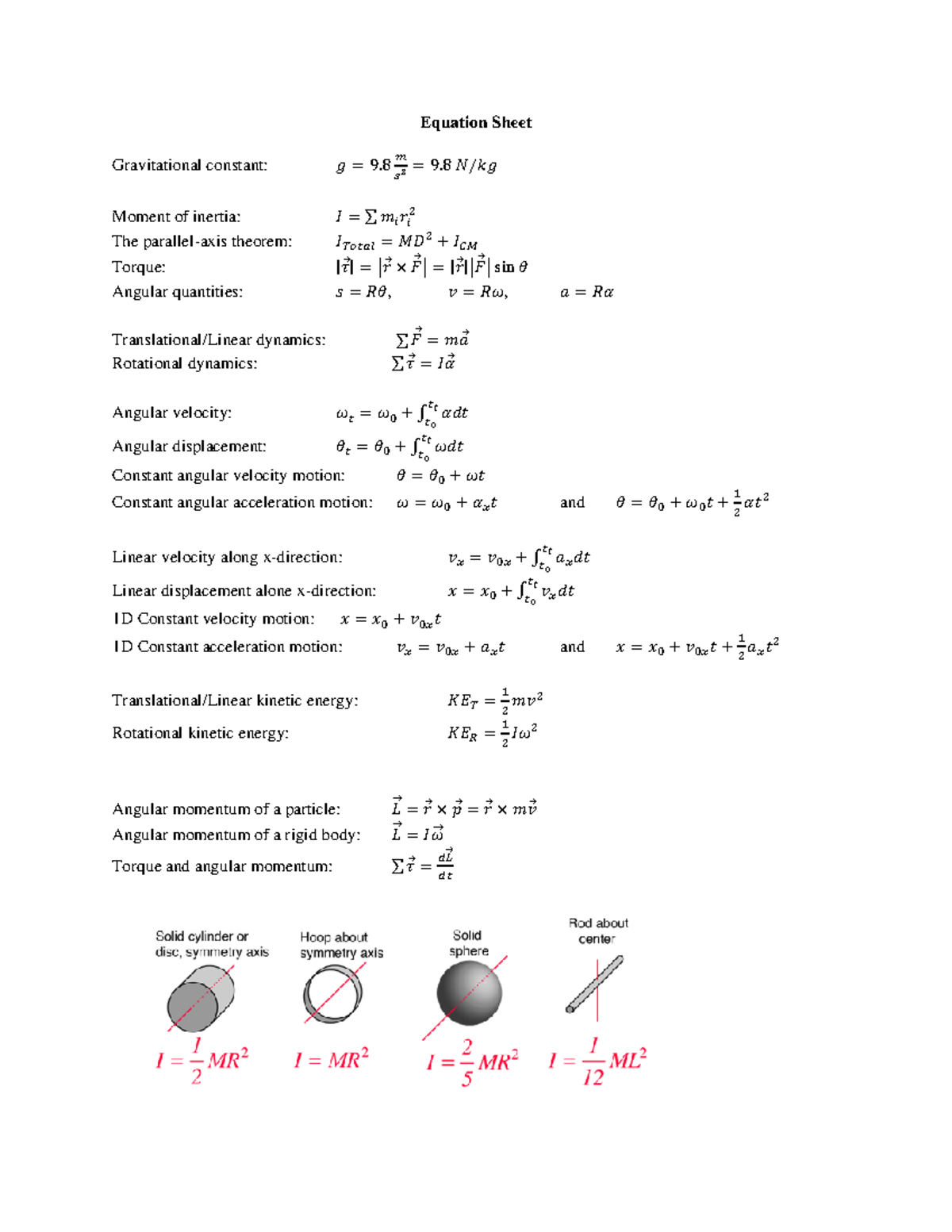 PHYS1401 Equation Sheet#5 - Equation Sheet Gravitational constant: 𝕔 ...