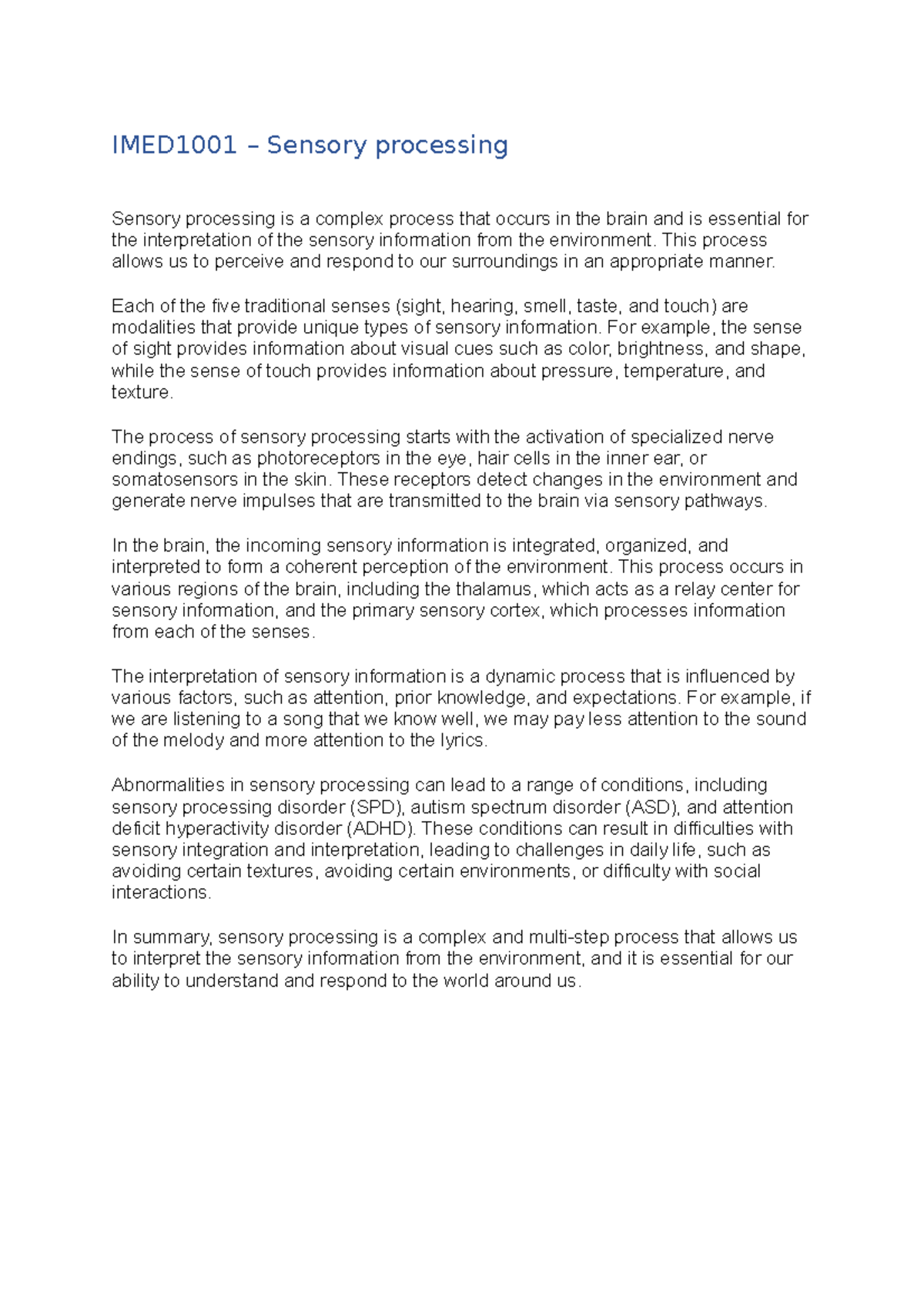 IMED1001-Sensory Processing - IMED1001 – Sensory processing Sensory ...