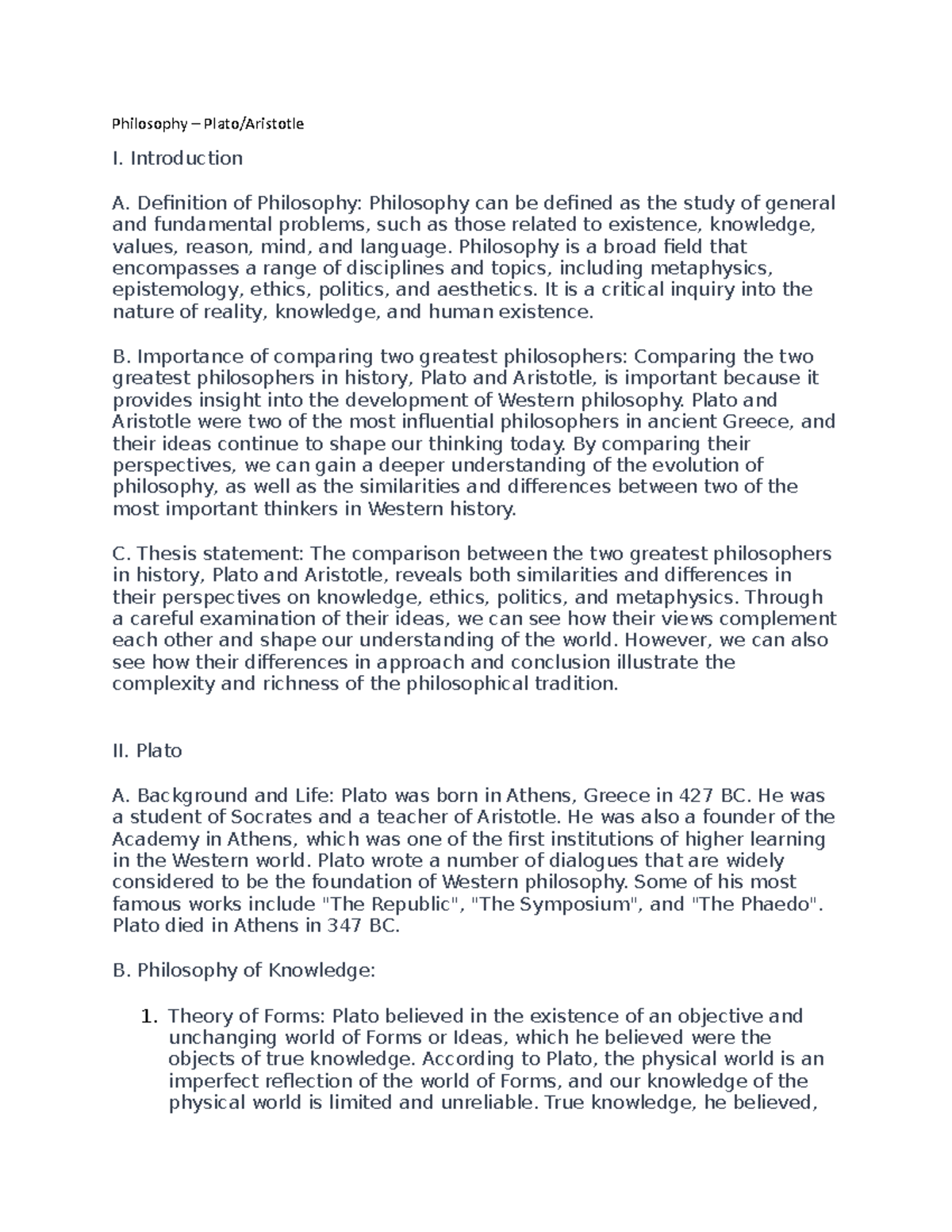 Philosophy – Plato Aristotle - Introduction A. Definition of Philosophy ...