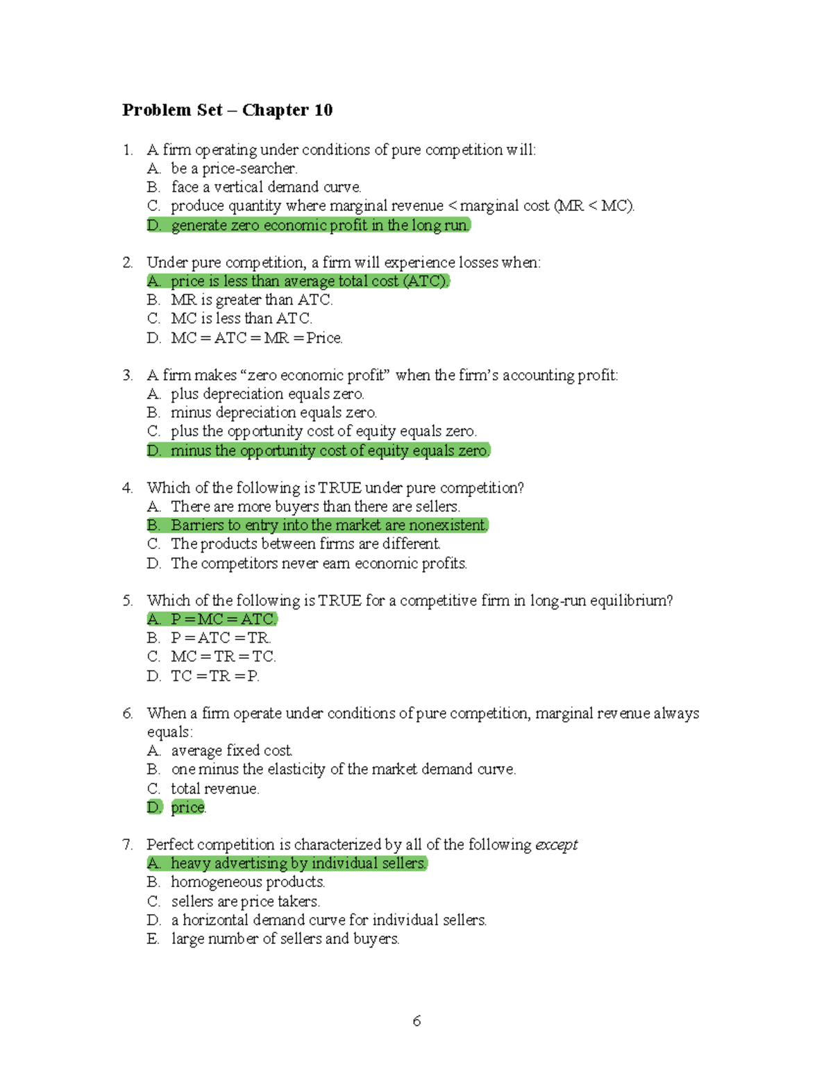 Micro 10S Answered pdf - Problem Set – Chapter 10 A firm operating under conditions of pure ...
