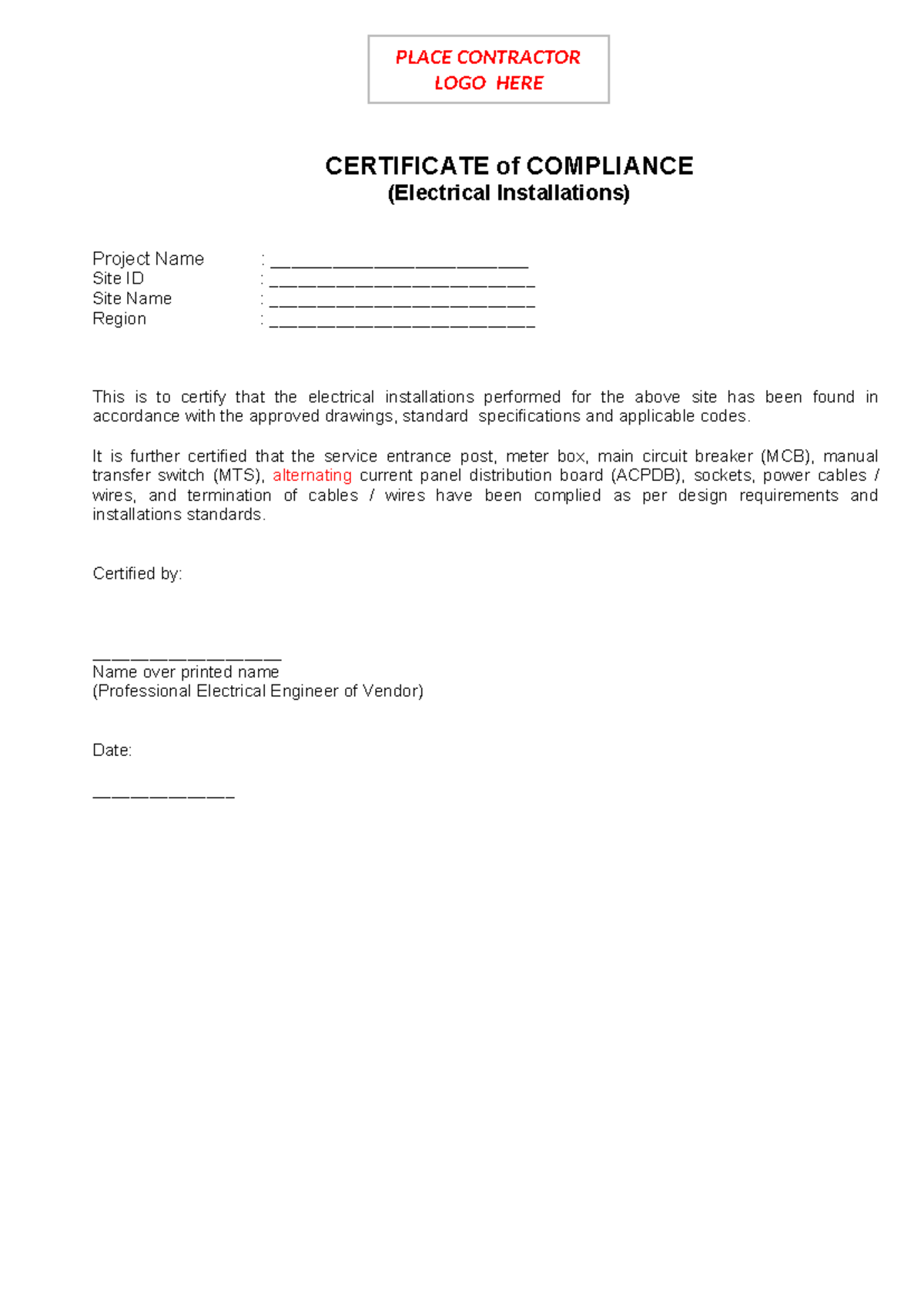 Annex A 11 - Electrical Inspection Certificate Form Rev0 - CERTIFICATE ...