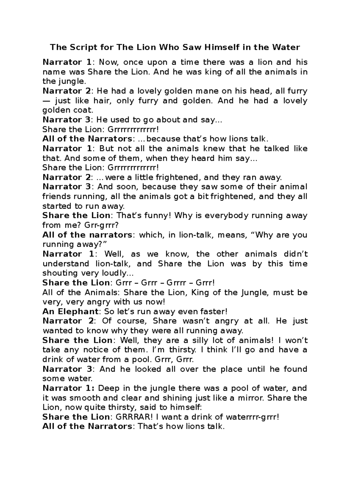 The Script for The Lion Who Saw Himself in the Water Readers Theater ...
