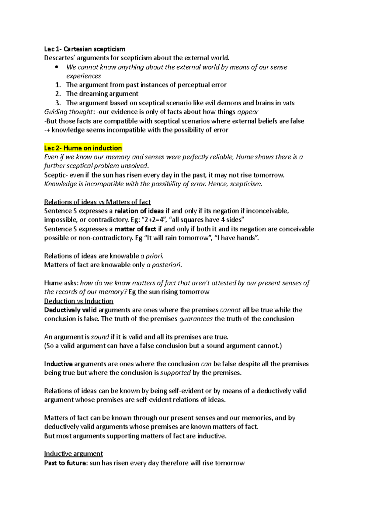 Knowledge - Lec 1- Cartesian scepticism Descartes’ arguments for ...