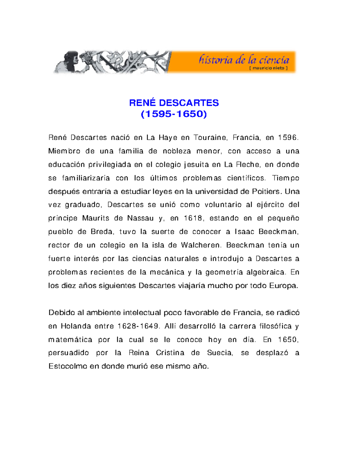 Renedescartes - documentos de descartes - RENÉ DESCARTES (1595 - 1650 ...