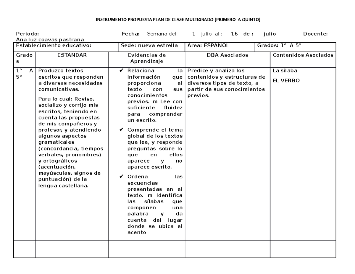 Formato PLAN DE AULA Multigrado - Español - INSTRUMENTO PROPUESTA PLAN ...