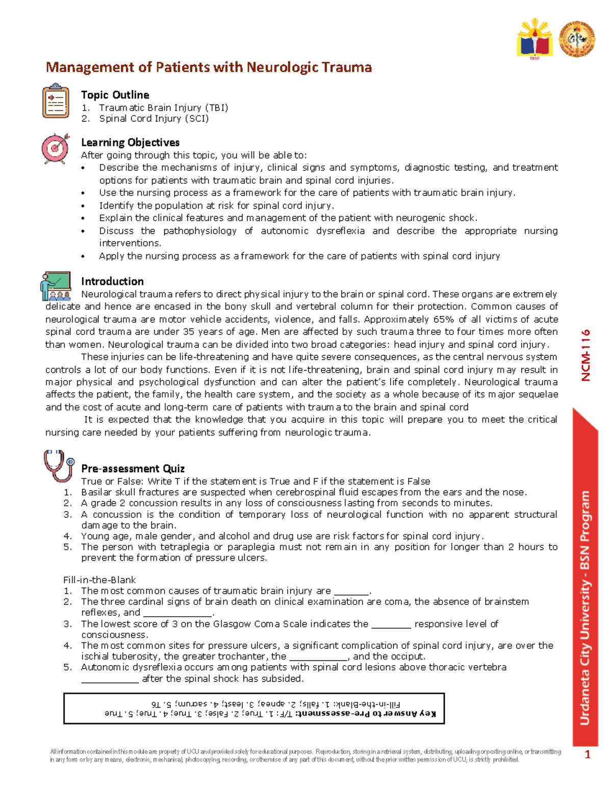 Study Guide 9 Management of Patient with Neurologic Trauma - NCM - 116 ...