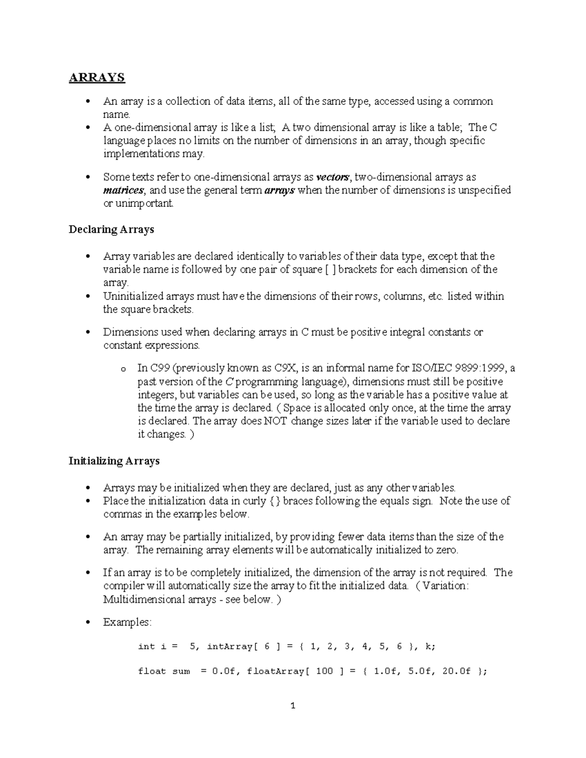 Arrays - contains necessary information for a future programmer ...