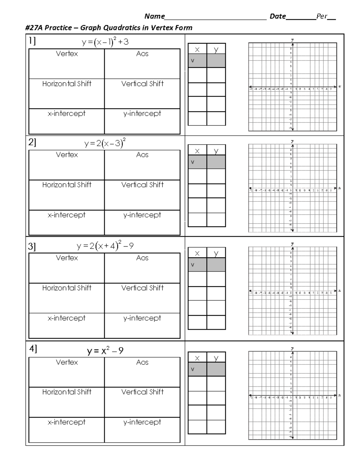 27A practice - graphing quadratics in vertex form - Name ...