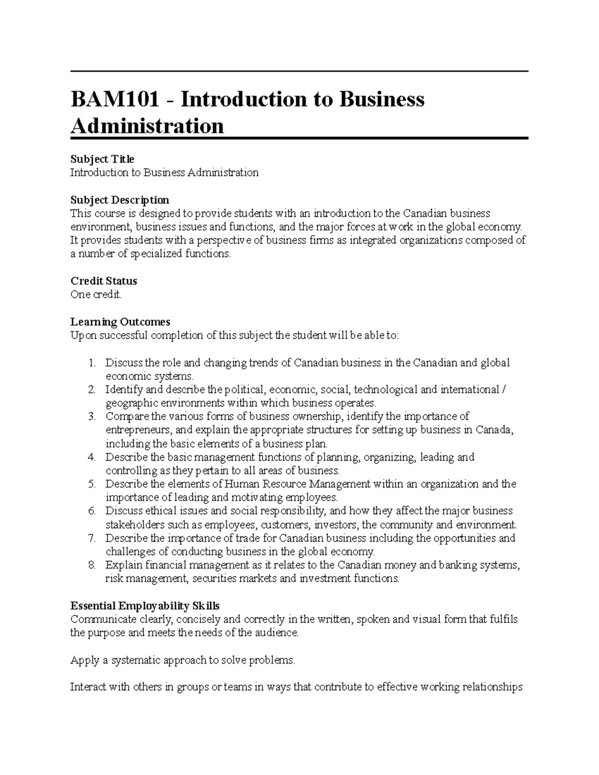 Course Outline BAM 101Fall2017 - BAM101 - Introduction to Business Administration Subject Title ...