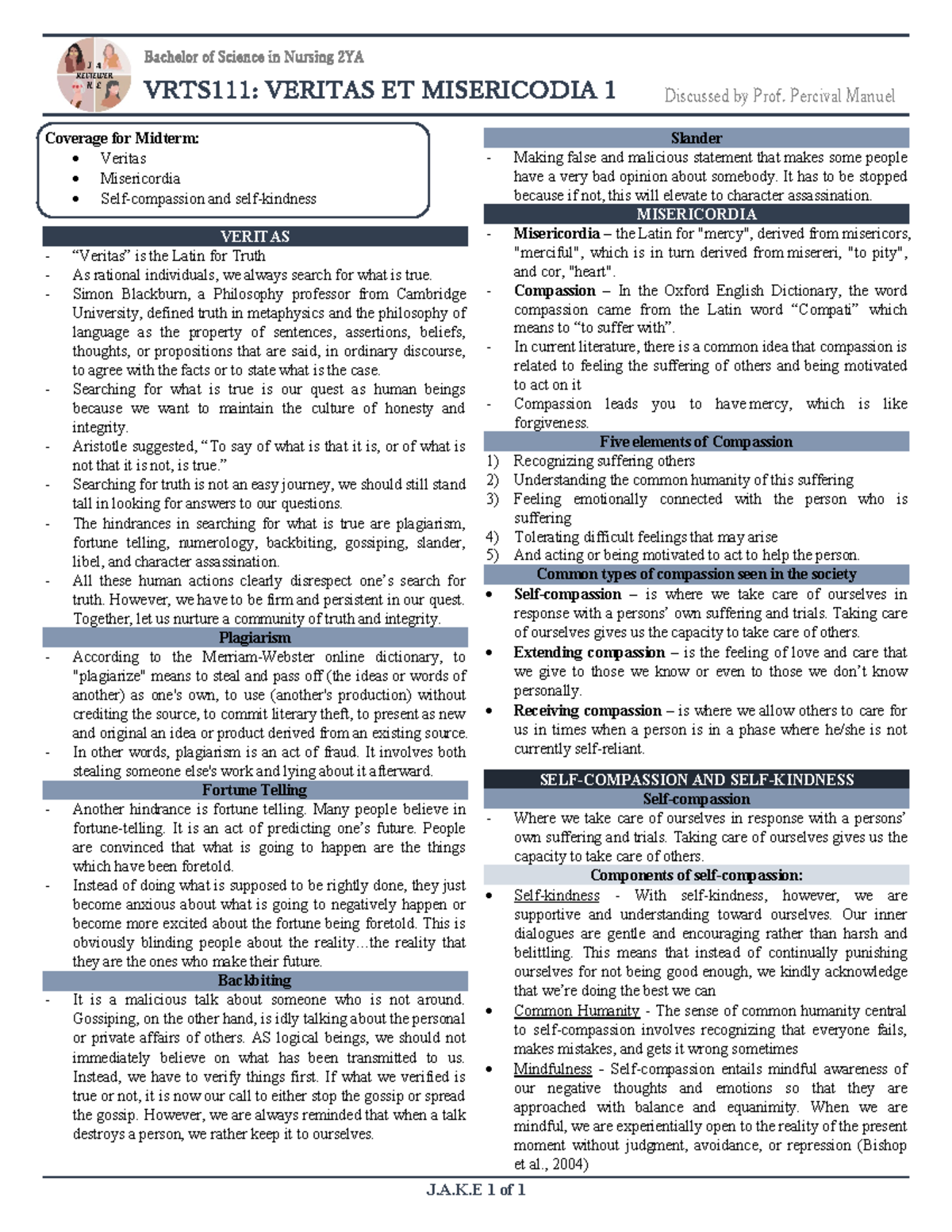 VRTS111 Midterm - reviewer - J.A.K 1 of 1 Bachelor of Science in Nursing 2YA VRTS111: VERITAS ET ...
