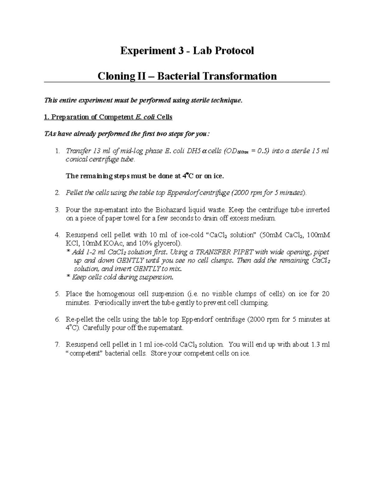 4380 Lab 4 Protocol S17 jing - Experiment 3 - Lab Protocol Cloning II ...
