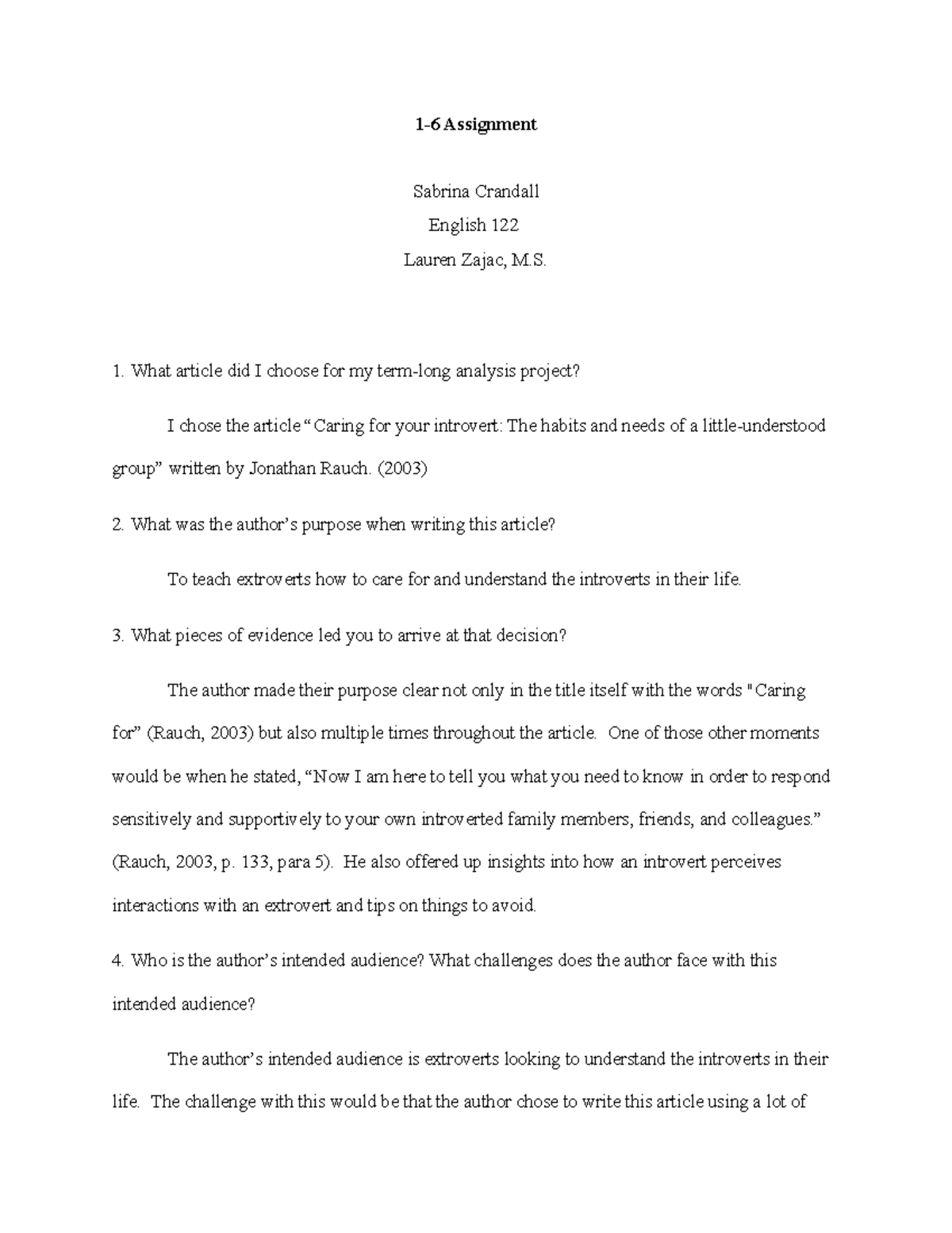 Eng-122 module 1 notes - 1-6 Assignment Sabrina Crandall English 122 ...