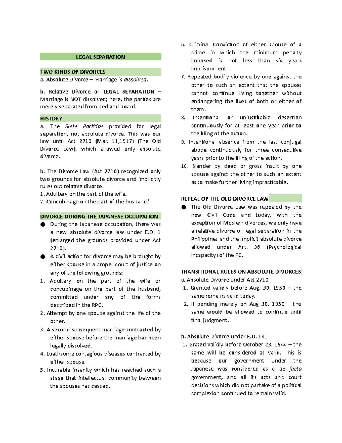Persons Finals NOTE - Personal Notes - LEGAL SEPARATION TWO KINDS OF ...
