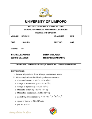 SPHS012 Test 2 2019 - test 2 - UNIVERSITY OF LIMPOPO FACULTY OF SCIENCE ...